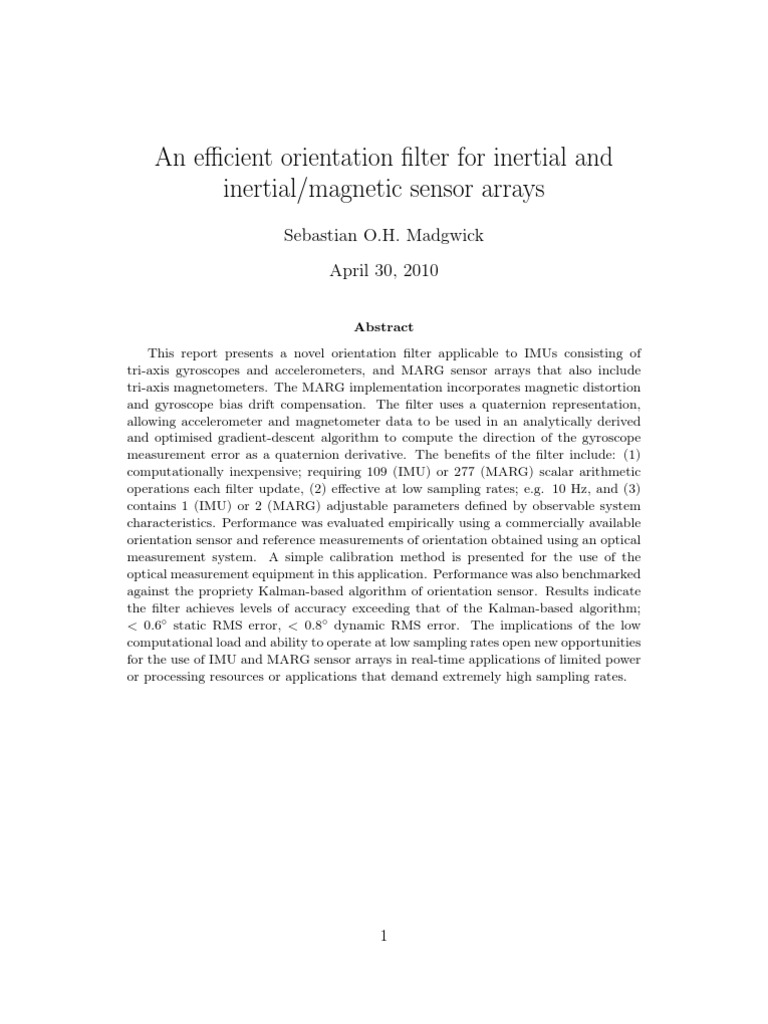 An Efficient Orientation Filter For Inertial And Inertial Magnetic Sensor Arrays Pdf