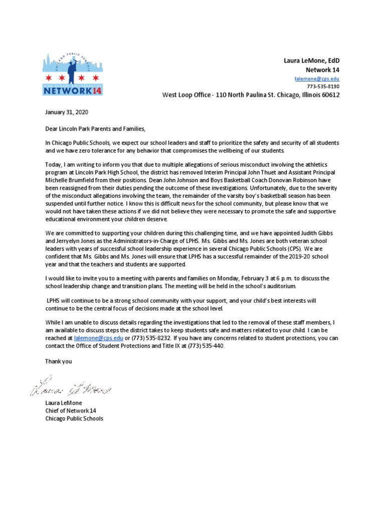 Letter Sent To LPHS Students From CPS | PDF
