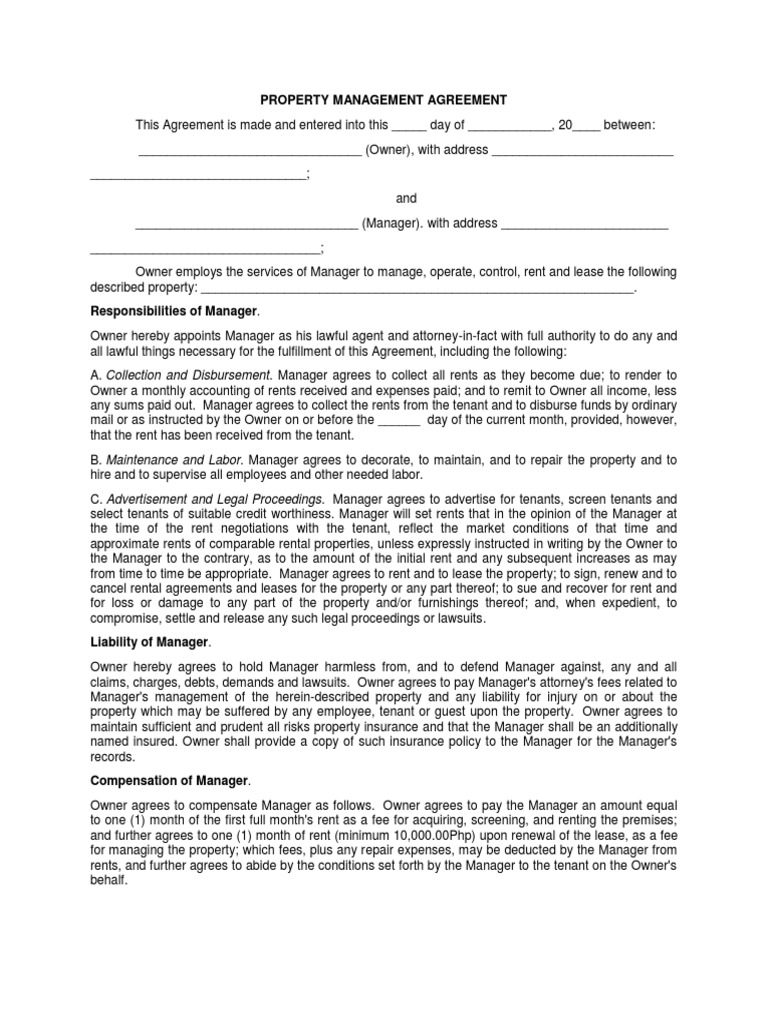 Property Management Agreement - Template | PDF | Leasehold Estate | Lease
