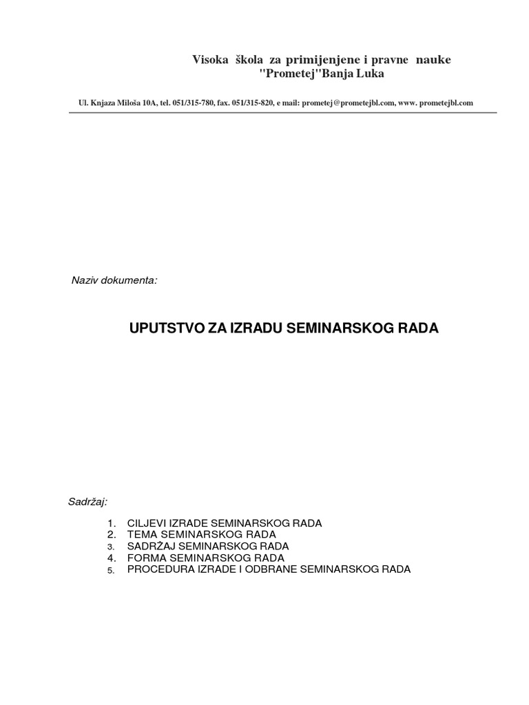 Uputstvo Za Izradu Seminarskog Rada | PDF