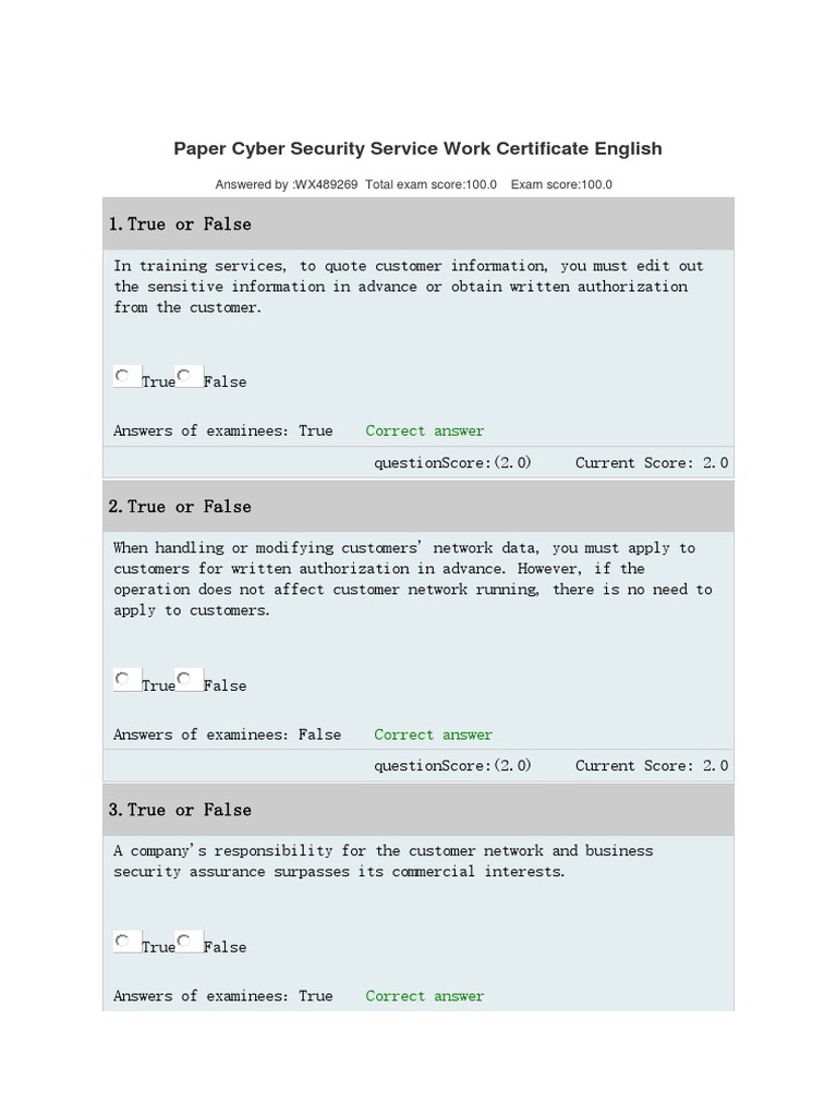 Cyber Security Certification Exam: Ensuring Proper Handling of Customer Networks and Data | PDF ...