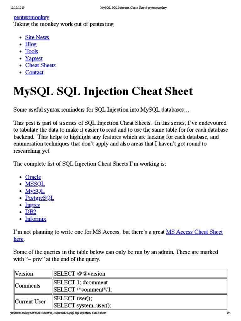 MySQL SQL Injection Cheat Sheet - Pentestmonkey | PDF | Microsoft ... MySQL SQL Injection Cheat Sheet - Pentestmonkey | PDF | Microsoft ...