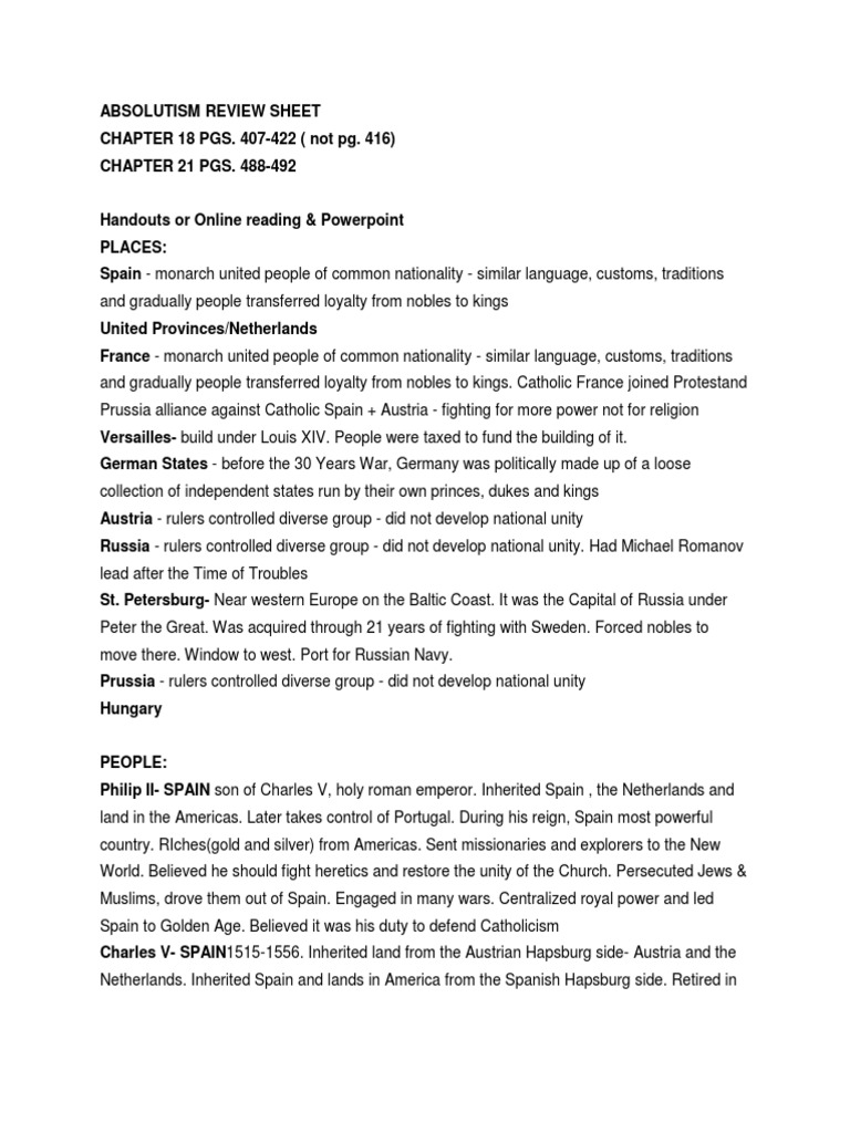 Absolutism Review Sheet | PDF | Louis Xiv Of France | Spain