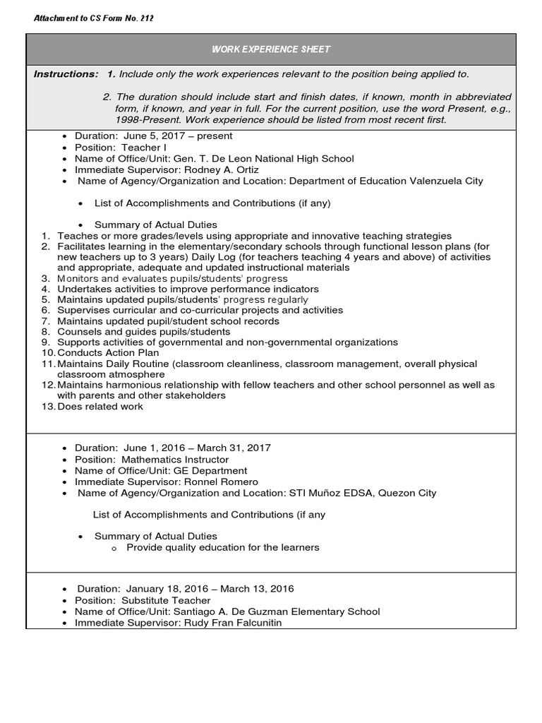 CS Form No. 212 Attachment Work Experience Sheet | PDF | Education ...