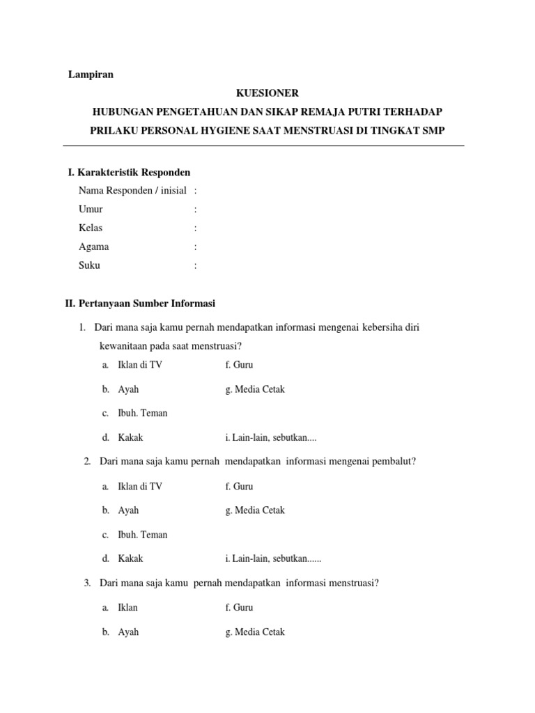 Contoh Kuesioner Menstruasi | PDF