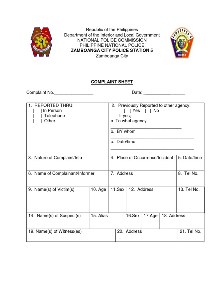 PNP Complaint Sheet Template | PDF | Government | Law Enforcement