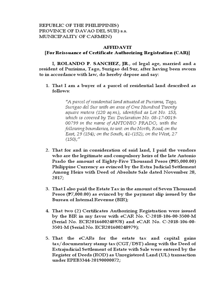 Affidavit for eCAR Reissuance | PDF | Affidavit | Property