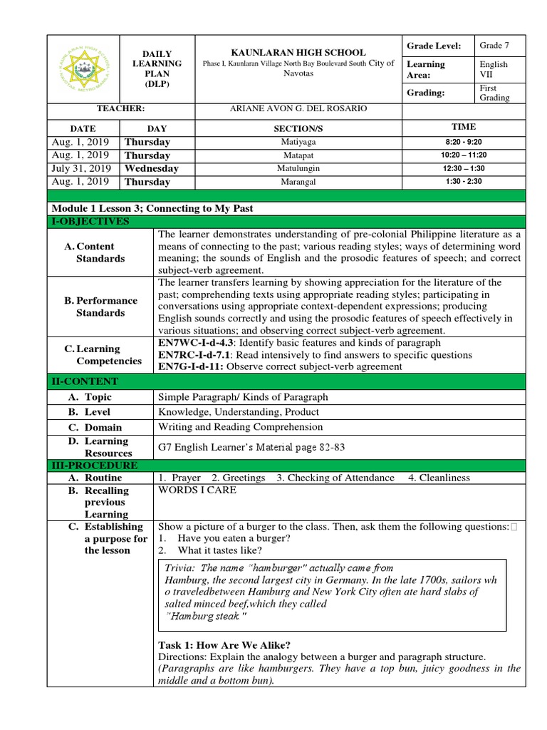 DLP August 2 Kinds of Paragraph | PDF | Reading Comprehension | Learning