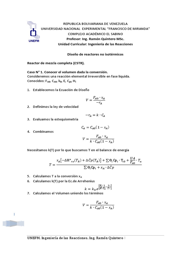 Diseño de Reactores CSTR y PFR No Isotérmicos | PDF | Reactor Quimico | Ciencias fisicas