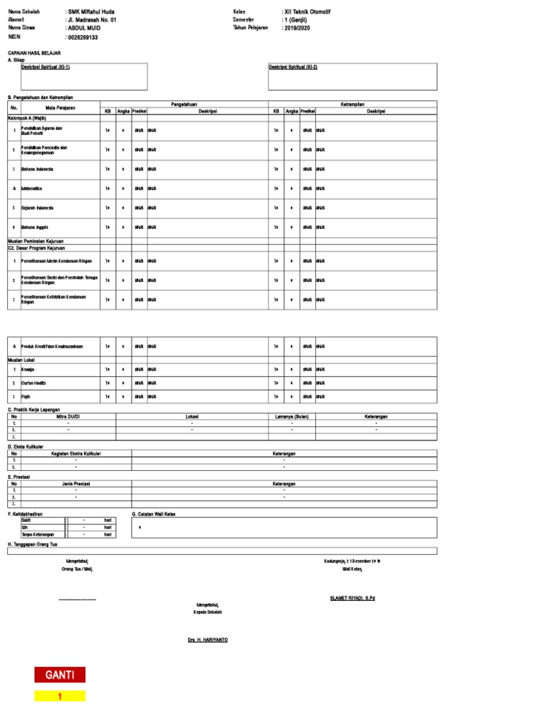Raport K13 - TKR Kelas Xii 2019-2020 | PDF