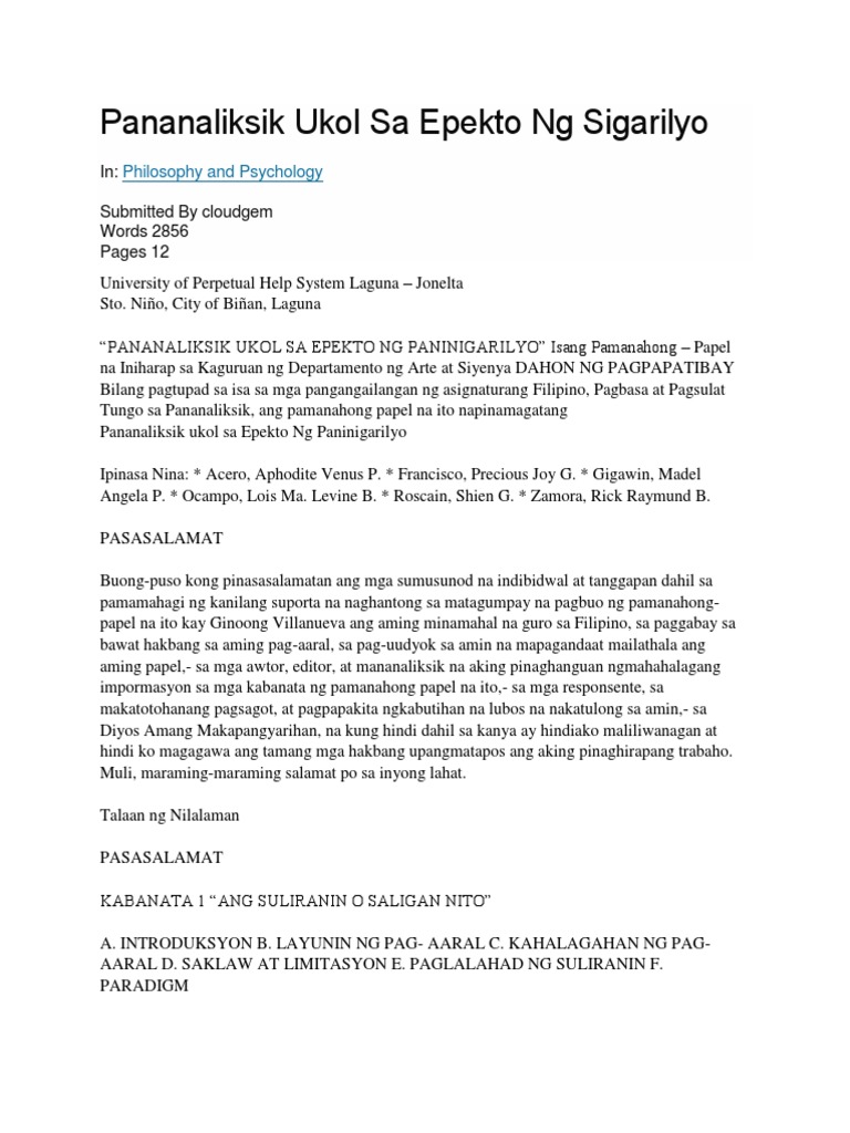 Pananaliksik Ukol Sa Epekto NG Sigarilyo | PDF