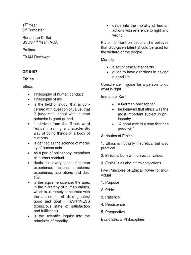 1st Year 3rd Trisem Prelims GE 6107 Exam Reviewer | PDF | Utilitarianism | Value (Ethics)