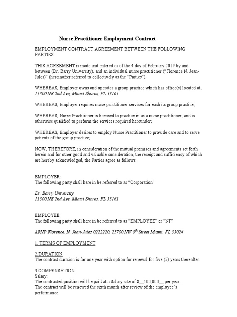 Nurse Practitioner Sample Contract | PDF | Nurse Practitioner | Employment