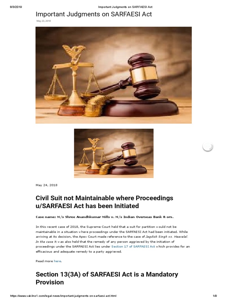 Key SARFAESI Act Judgments Explained | PDF | Supreme Courts | Security ...