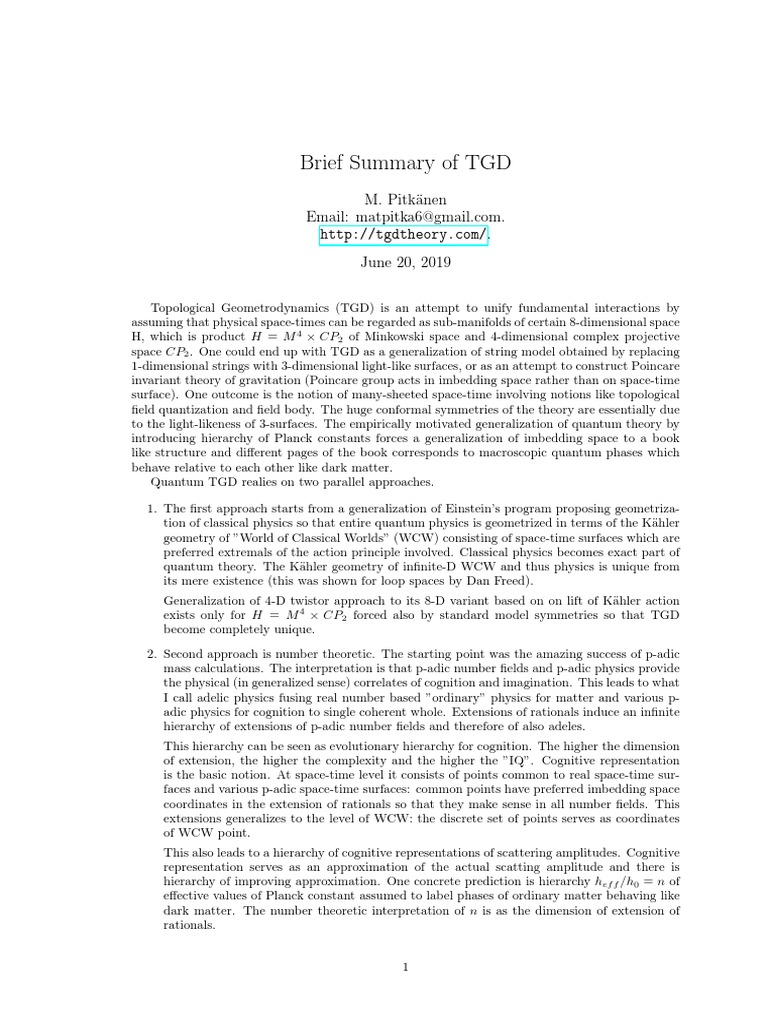 Brief Summary of TGD, 2019 PDF | PDF | Quantum Mechanics | Space