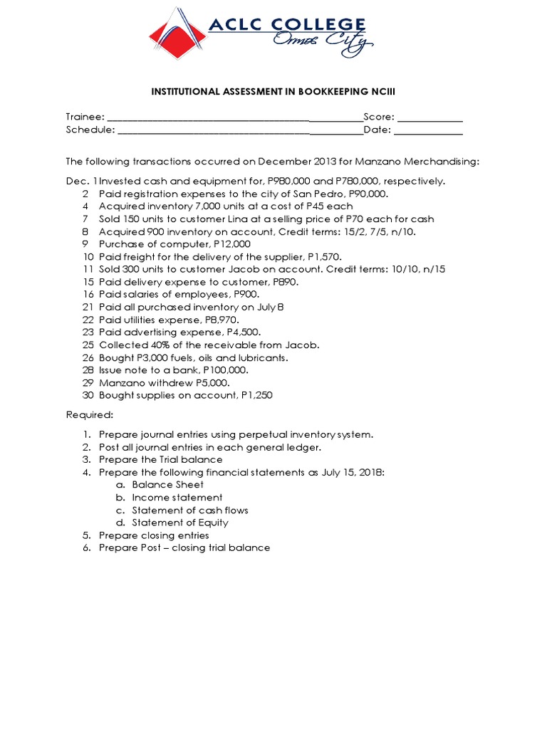 Bookkeeping NCIII Institutional Assessment | PDF | Debits And Credits ...