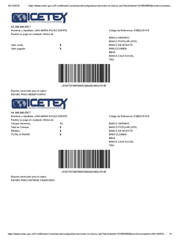 Recibo en Blanco ICETEX | PDF