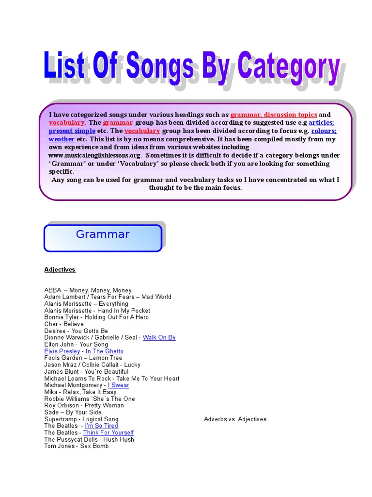 ESL Song List for Grammar & Vocabulary | PDF | Madonna (Entertainer ...