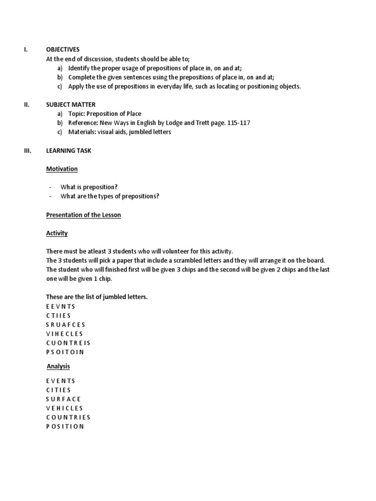 Lesson Plan Preposition of Place | PDF | Communication | Cognitive Science