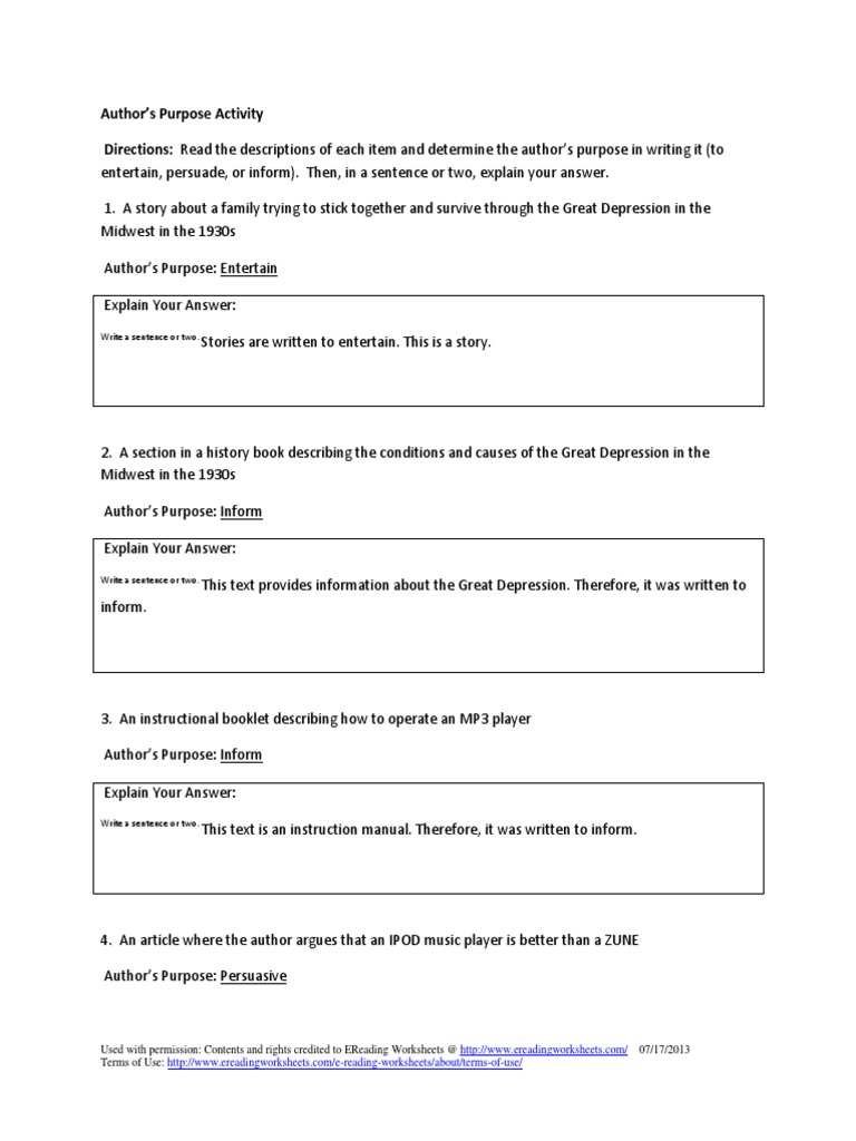 Reading - Worksheet - Activity - Author's - Purpose - Answer Key | PDF ...