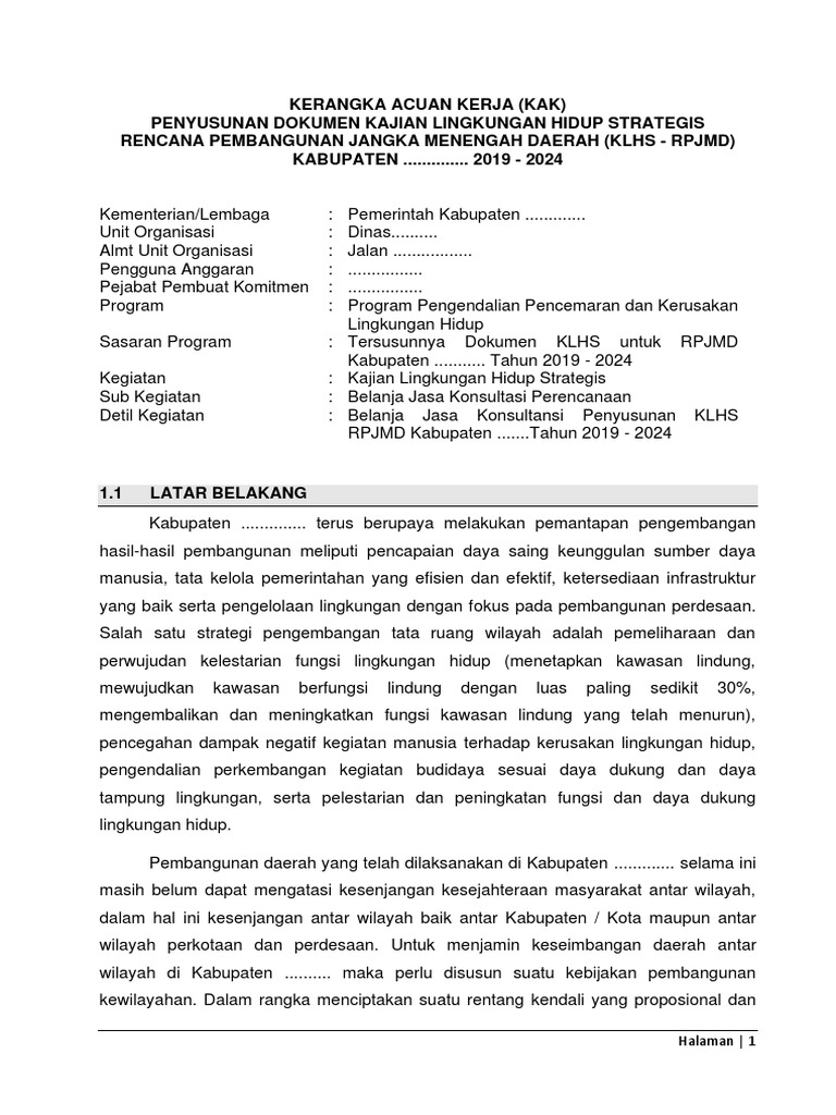 Contoh KAK KLHS RPJMD 2019 | PDF
