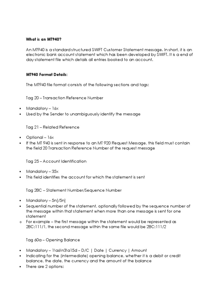 MT940 Swift File Format | PDF | Debits And Credits | Financial Transaction