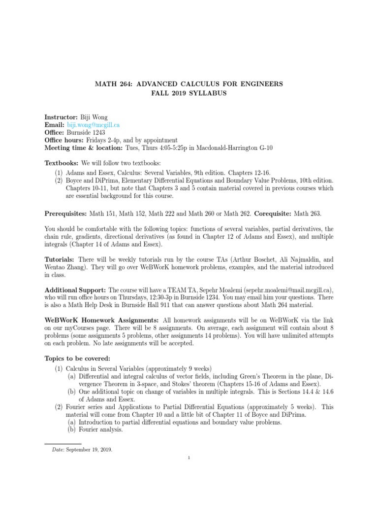 Math 264 Syllabus - Fall 2019 | PDF | Differential Equations | Partial ...