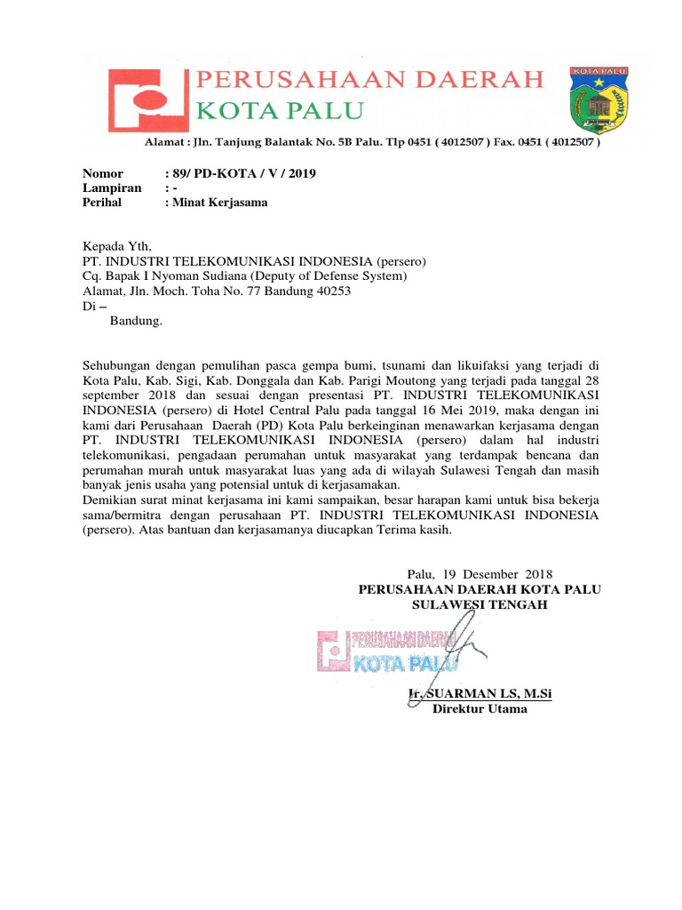 Surat Minat Kerjasama PT INTI BDG | PDF