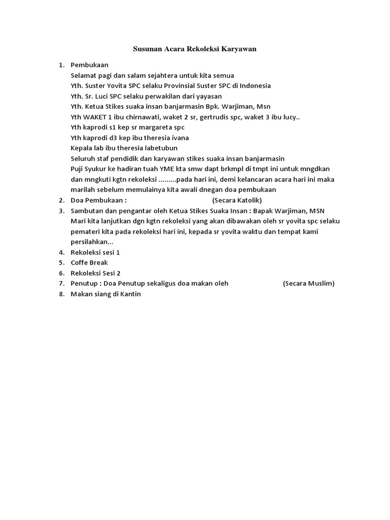 Susunan Acara Rekoleksi Karyawan | PDF