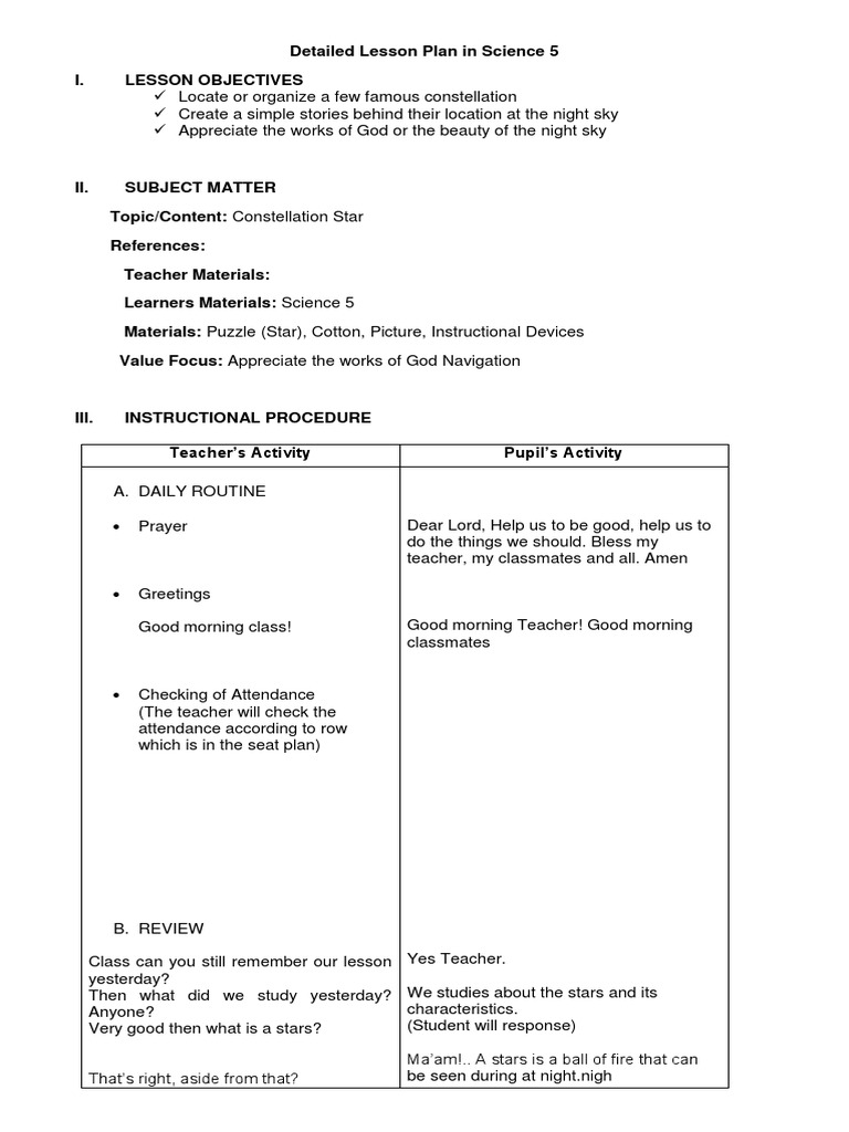 Detailed Lesson Plan Science 5 Final | PDF | Stars | Constellation