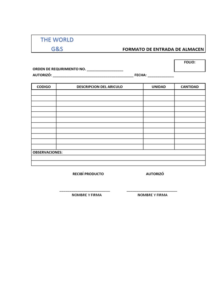 Formato de Entrada de Almacen | PDF Formato de Entrada de Almacen | PDF