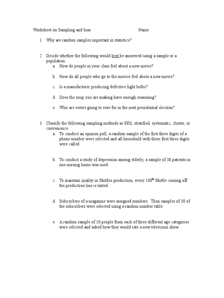 Worksheet On Sampling and Bias | PDF | Opinion Poll | Sampling (Statistics)