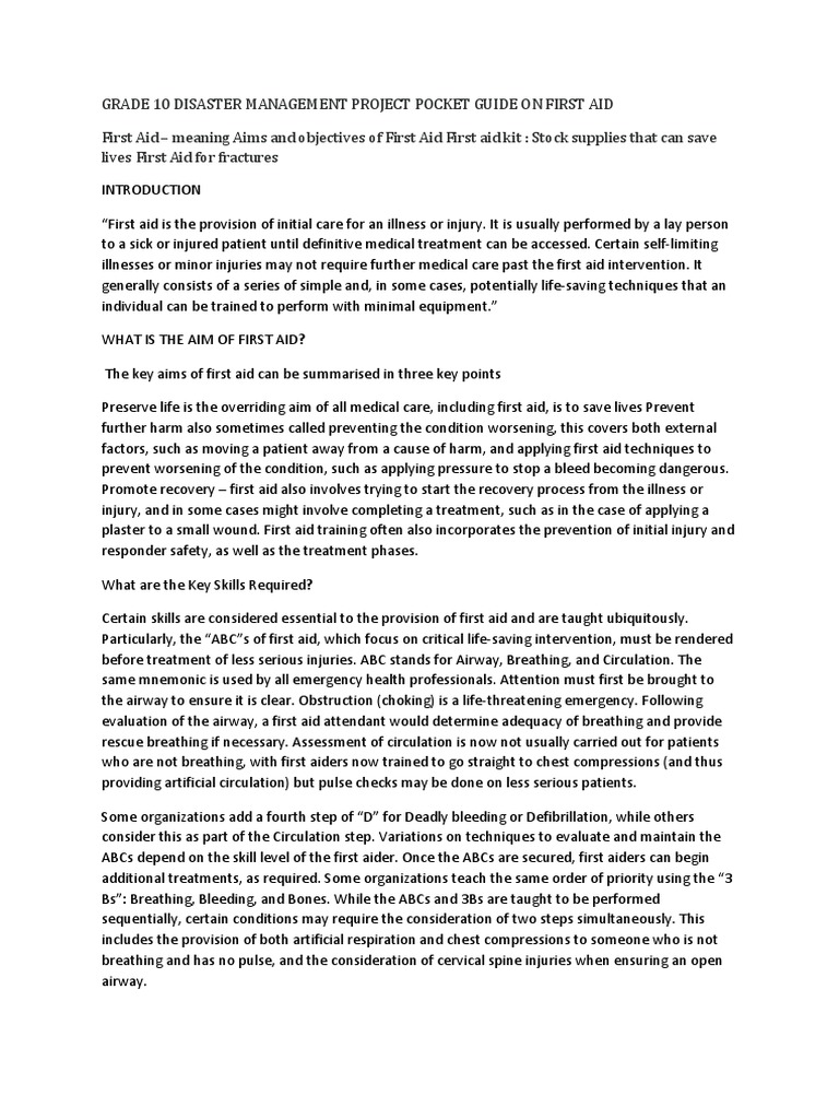 Grade 10 Disaster Management Project Pocket Guide On First Aid | PDF ...