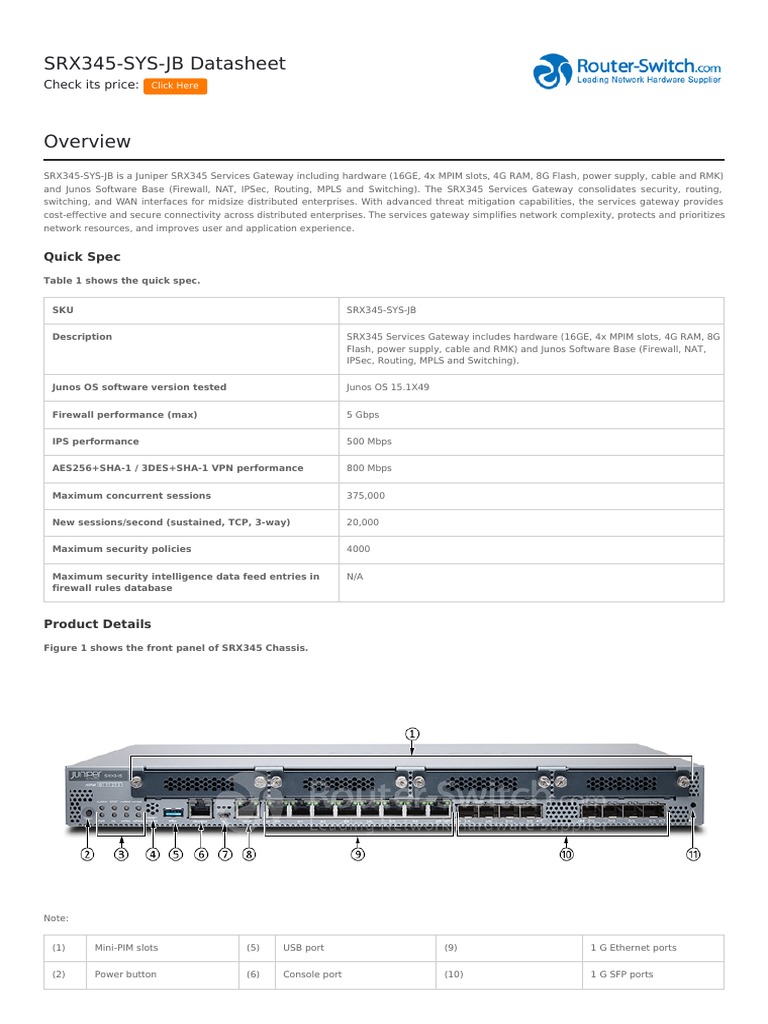 srx345 Sys JB Datasheet | PDF | Network Switch | Firewall (Computing)