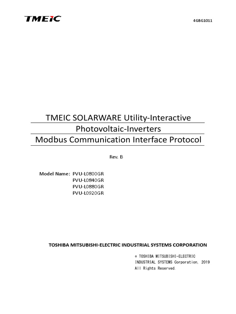 Specification For Modbus Communication Interface Of Tmeic Solarware Photovoltaic Inverters Pdf 