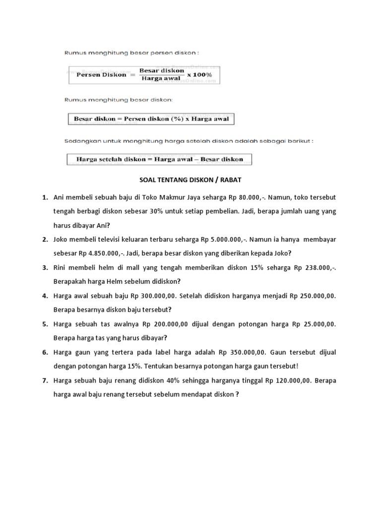 Soal Latihan Menghitung Diskon dan Rabat Pada Berbagai Contoh Pembelian ...