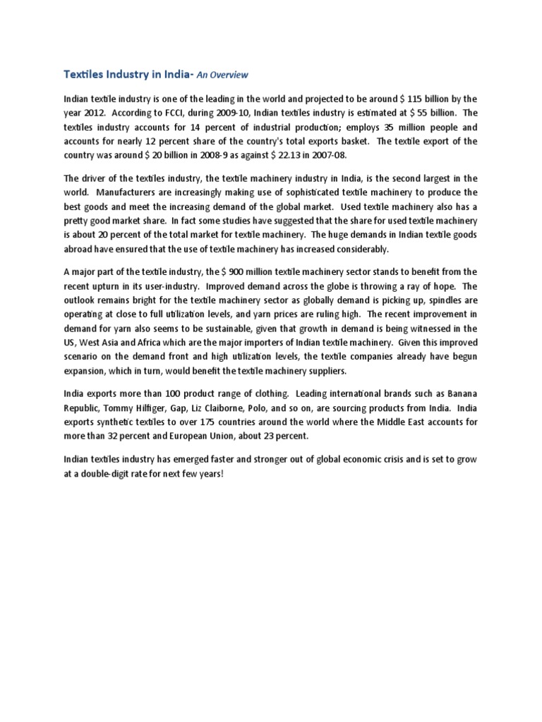 Textiles Industry in India - An Overview | PDF