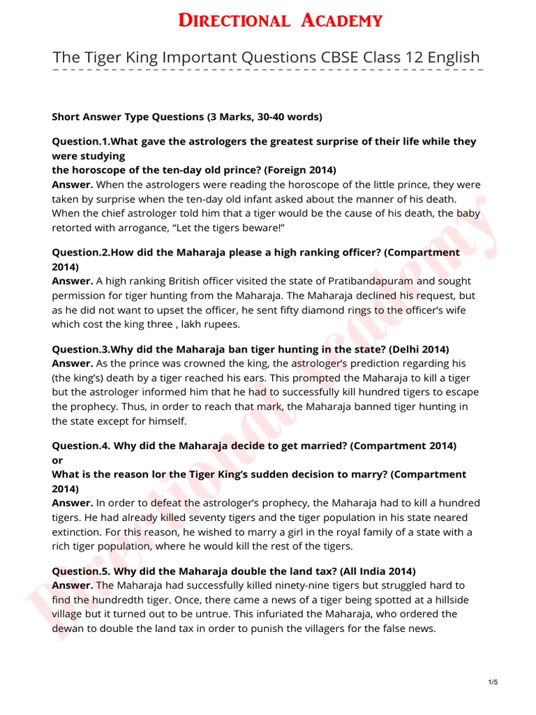 2020 The Tiger King Important Questions CBSE Class 12 English | PDF | Tiger