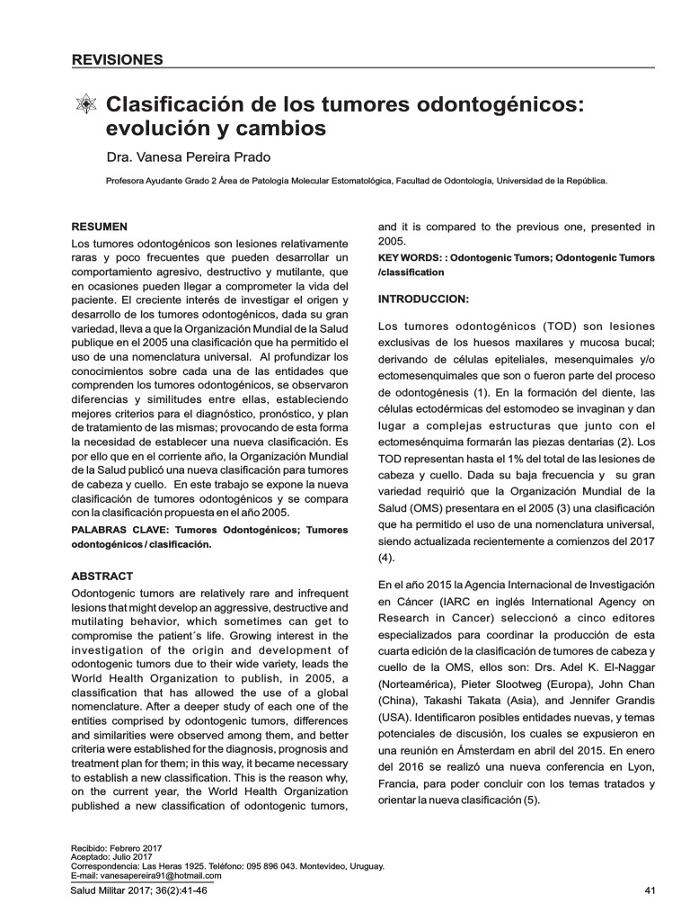Clasificación de Tumores Odontogénicos 2017 PDF | Descargar gratis PDF | Cáncer | Neoplasias