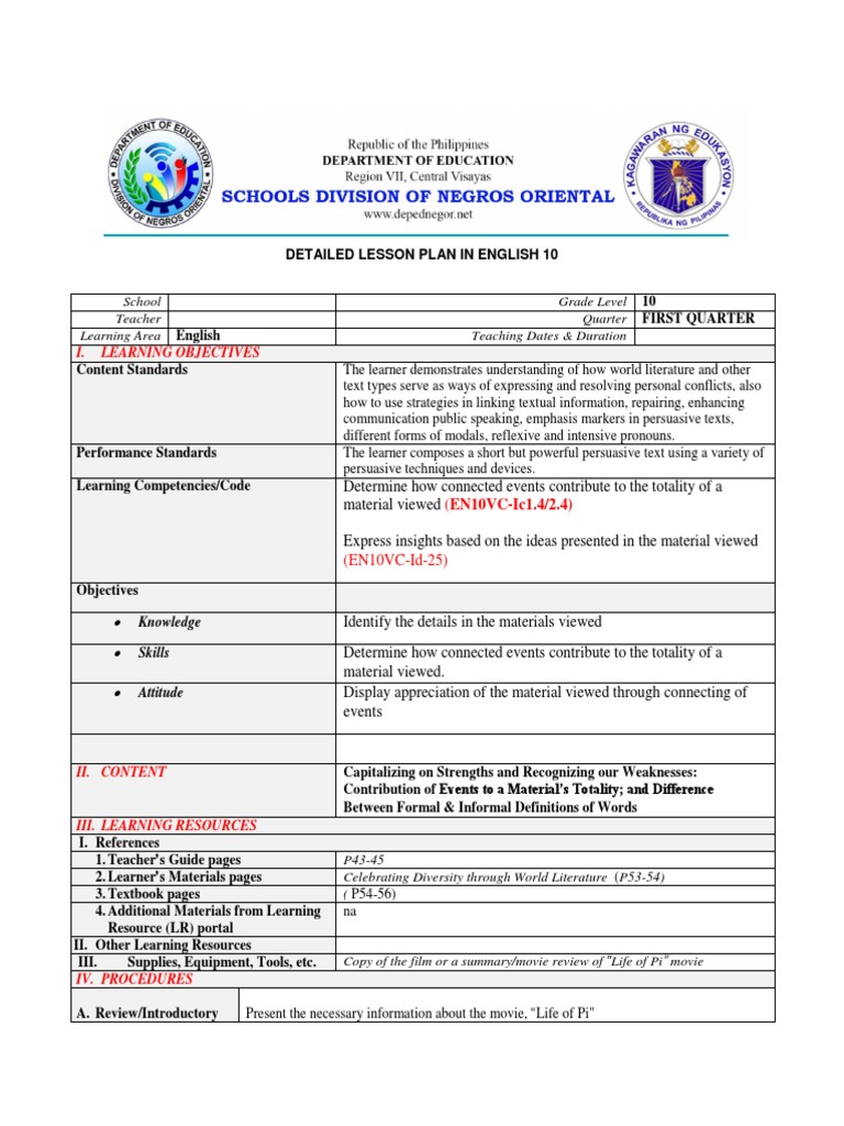 G10 ENGLISH M1L3 Day 3 | PDF | Learning | Lesson Plan