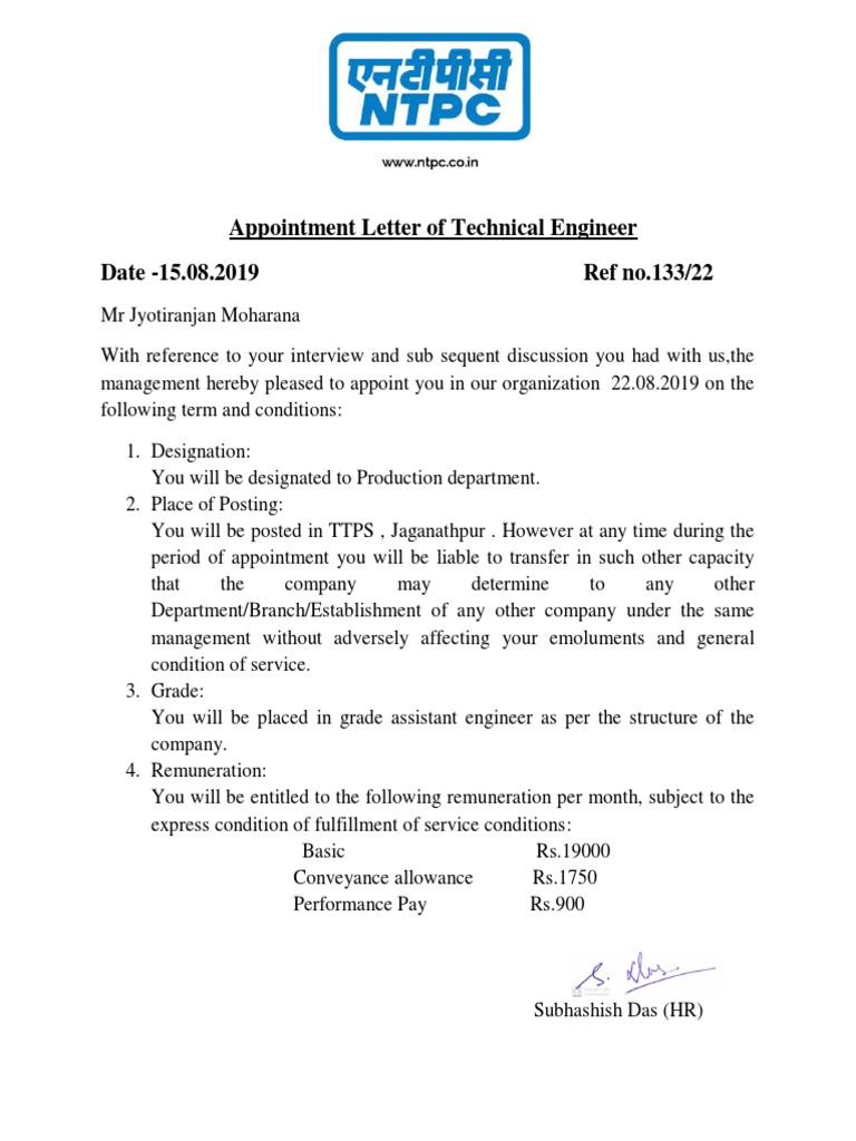 Appointment Letter of Technical Engineer | PDF