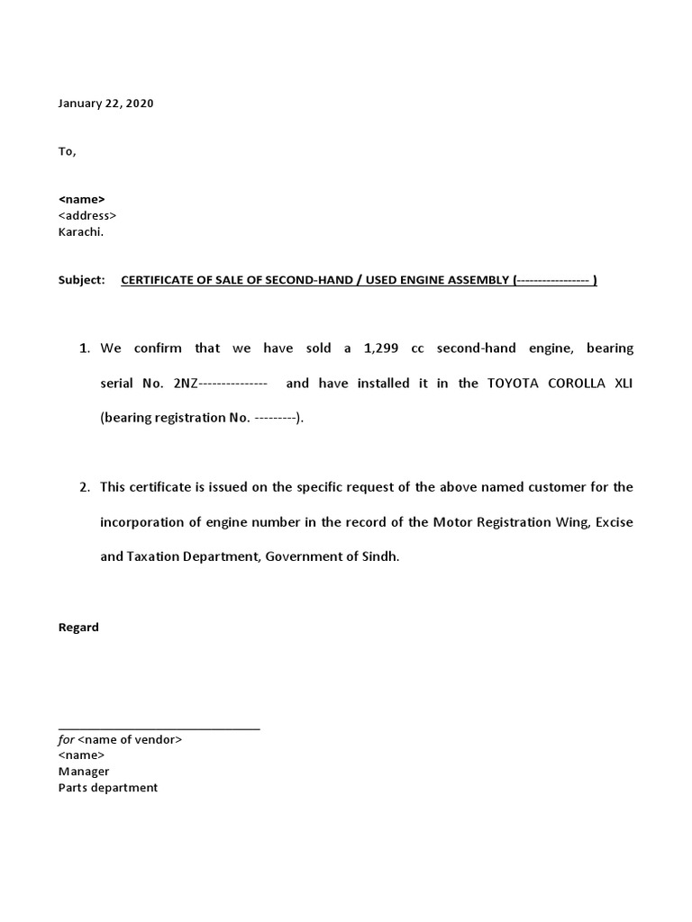 Engine Sale Certificate for Registration | PDF