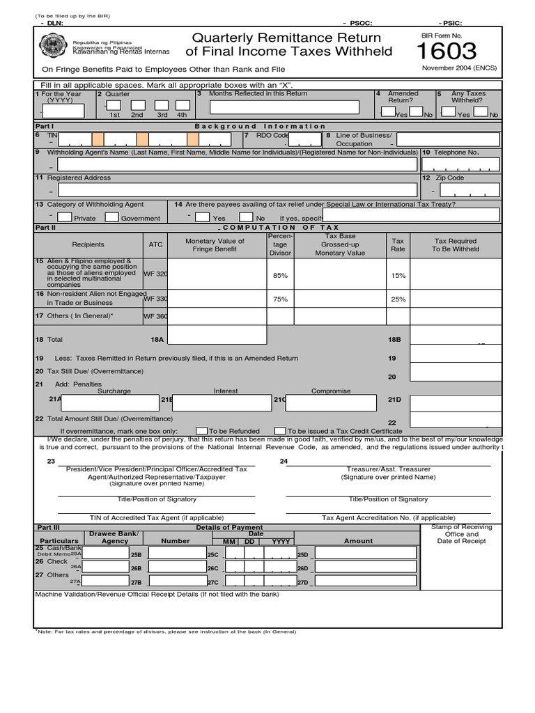 1603 - BIR Form Old PDF | PDF | Withholding Tax | Employee Benefits