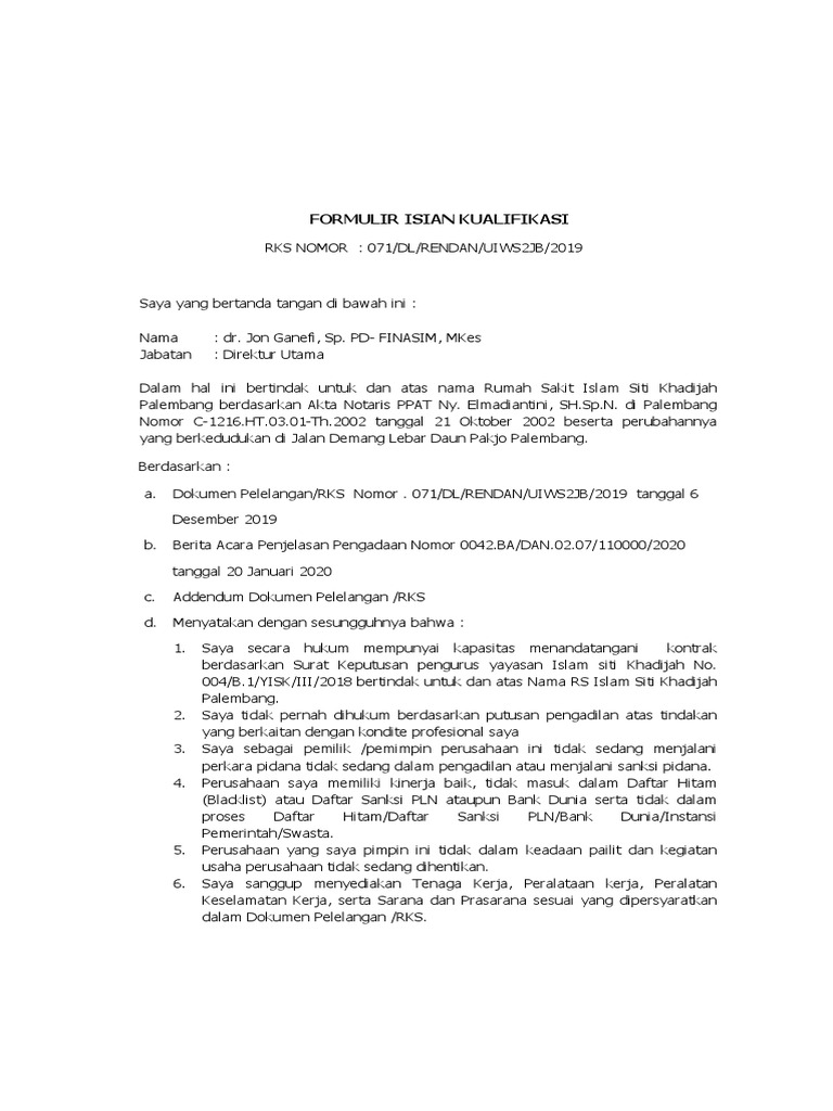 Formulir Isian Kualifikasi PLN | PDF