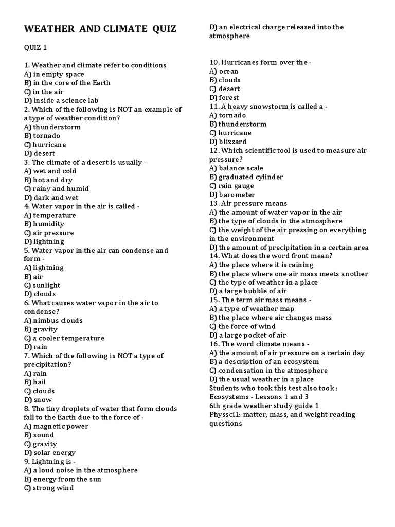 Weather and Climate Quiz | PDF | Atmosphere Of Earth | Cloud