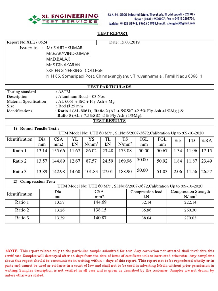 SKP Engineering College aluminum test report | PDF | Materials Science ...