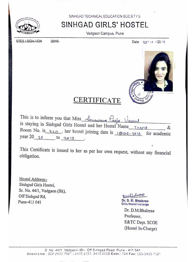Hostel Certificate PDF | PDF