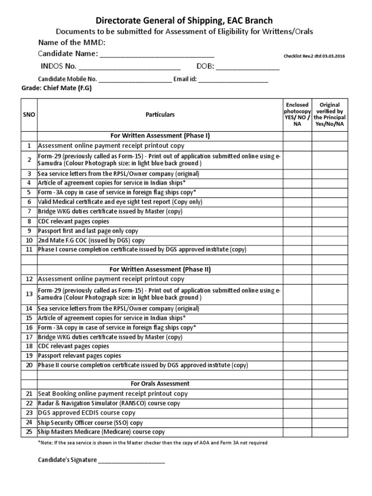 Documents Required For Assessment Chief Mate MMD Exams | PDF | Business