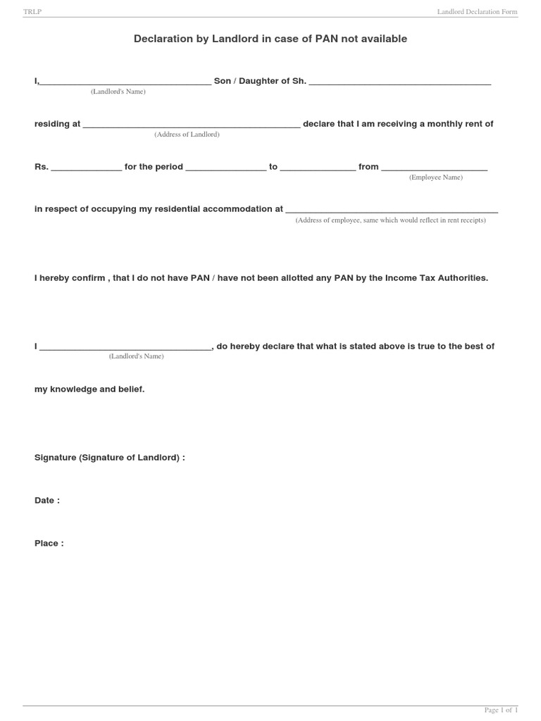 Landlord Declaration Form for PAN-less Rent Receipts | PDF