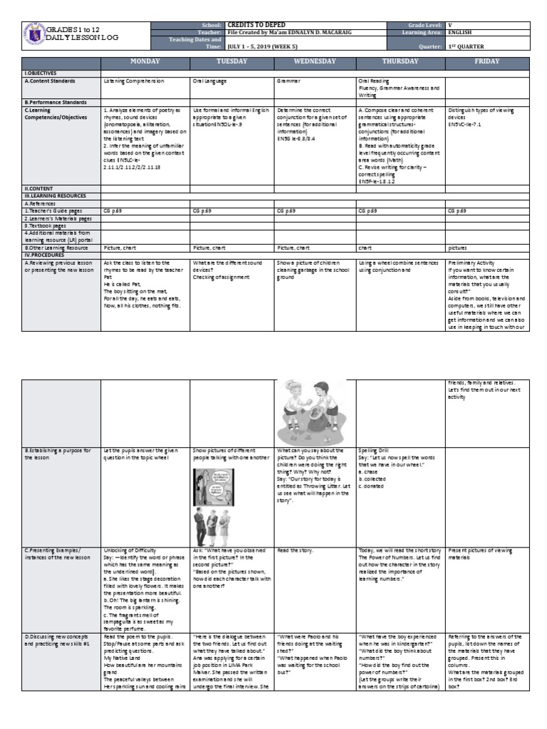 DLL Quarter 1 Week 5 ENGLISH 5 | PDF | English Language | Teachers